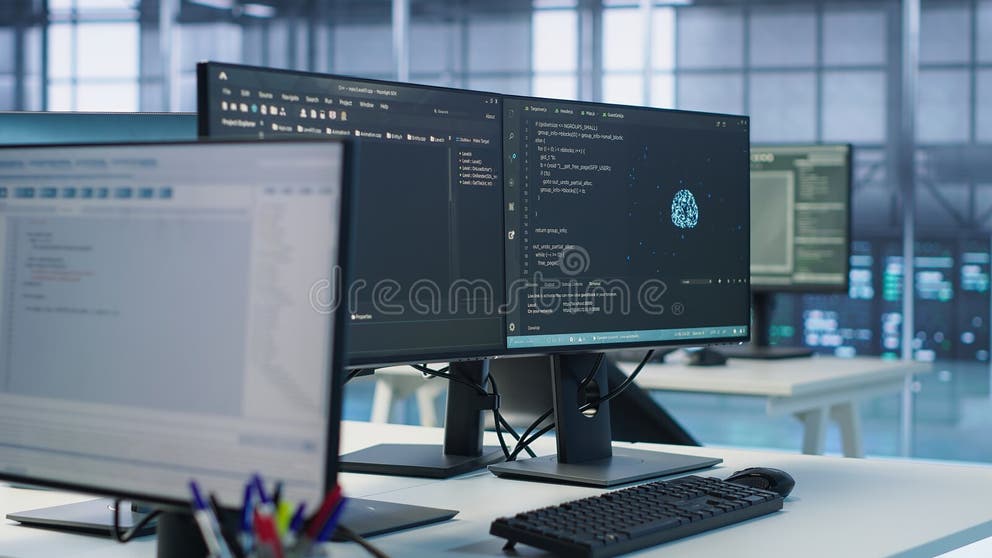 Close Up of Code on Computer Screens in Server Hub Used for AI Data ...