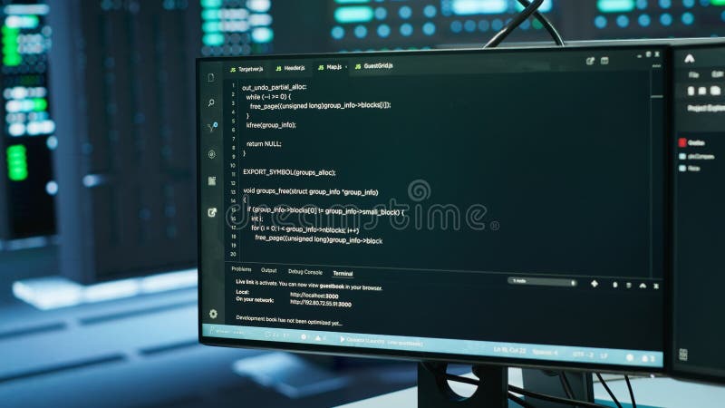 Close Up on Code Running on Computer Screens in Advanced Server Hub ...