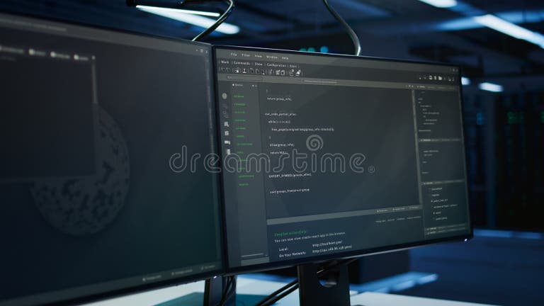 Close Up of Code Running on Computer Screens in Modern Server Room Stock Image - Image of ...