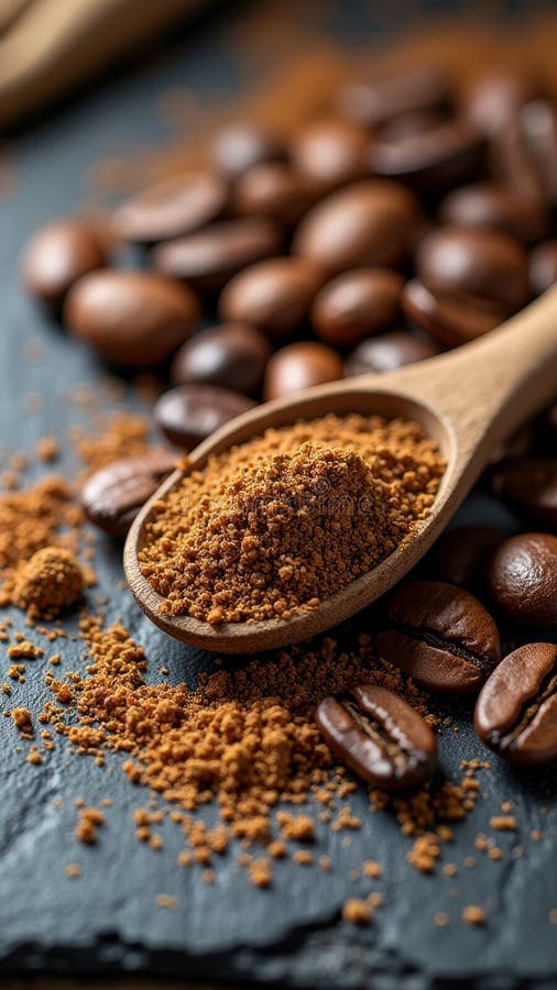 Close-up of Coffee Beans and Ground Coffee on Dark Slate Surface Stock ...