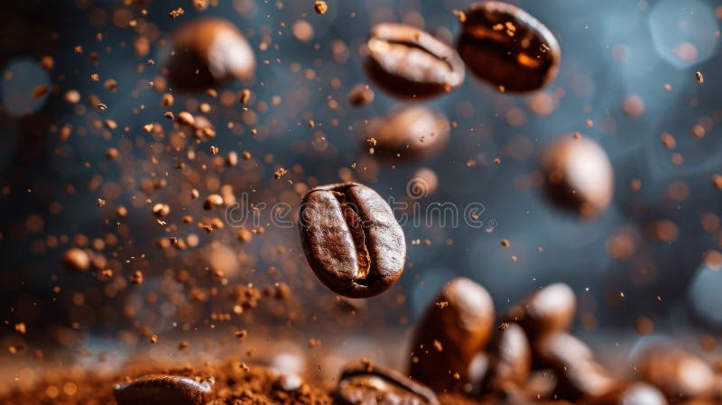 Close-up of Coffee Beans in Mid-air with Particles Stock Image - Image ...