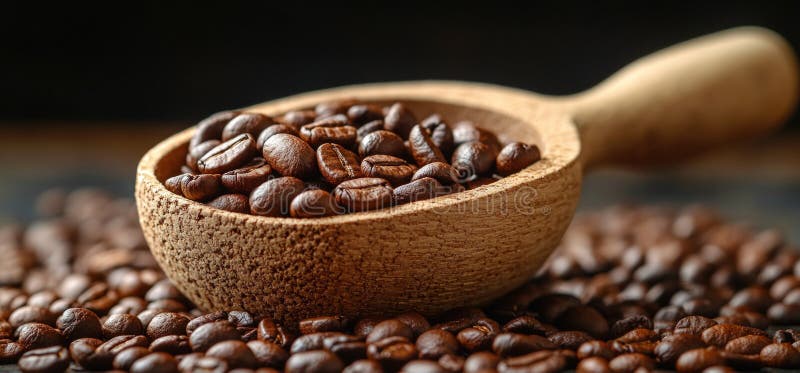 Close Up of Coffee Beans in Wooden Scoop on a Bed of Beans Stock Photo ...