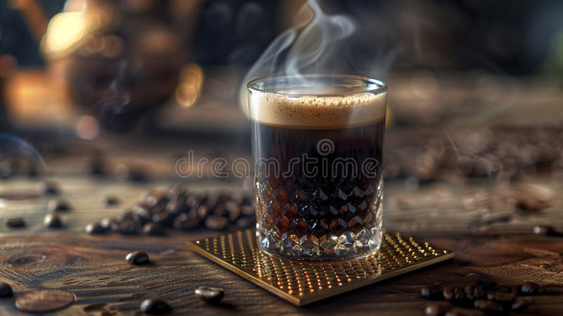Close-up of Coffee in a Black Cup with Gold Edges on a Luxurious Table ...