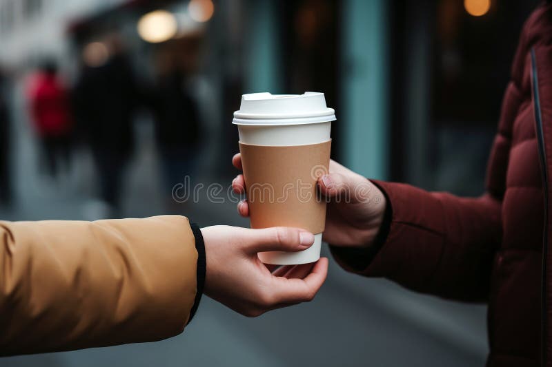 A Close-up of a Coffee Cup Passing between Hands, Capturing a Shared ...