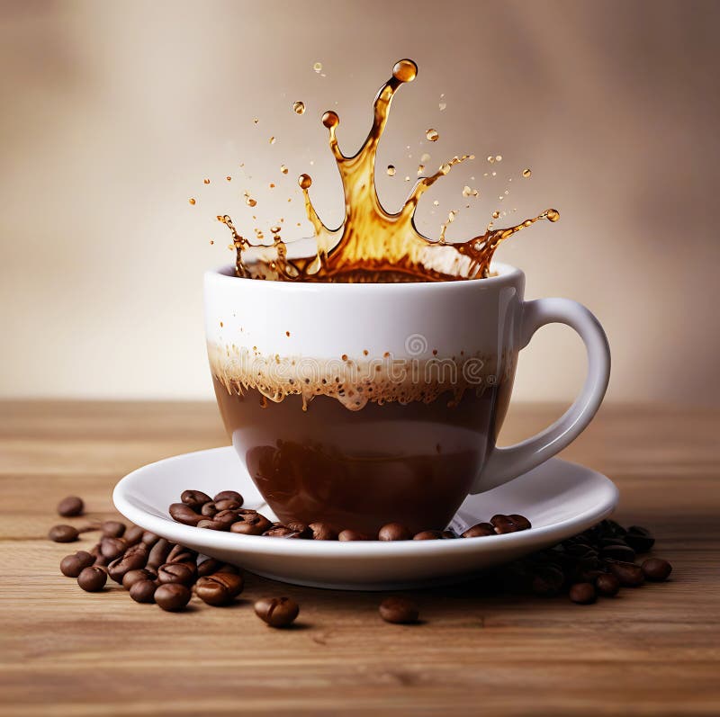 Coffee Splash in a Cup, Warm Tones with Wooden Surface and Beans ...