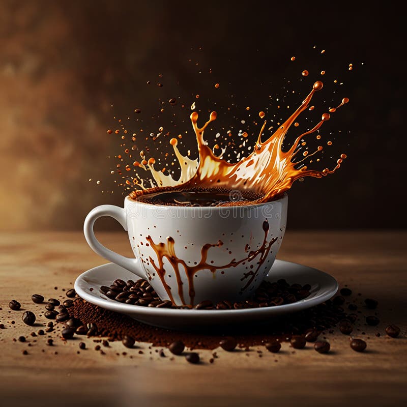 Coffee Beans Splash Cup Rustic Wooden Surface Stock Photos - Free ...