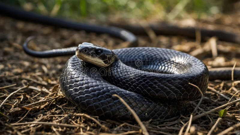 A Close-up of a Coiled Black Snake Resting on the Ground among Dry ...
