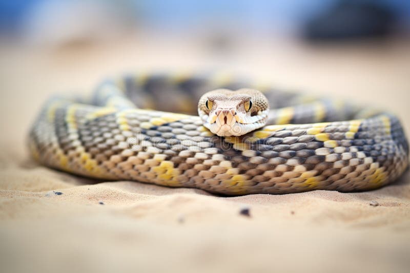 Close-up of a Coiled Rattlesnake on Desert Sand Stock Photo - Image of ...