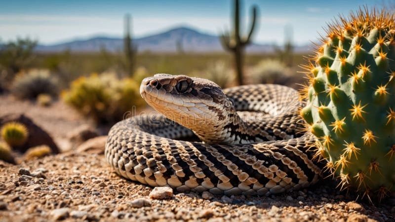 A Close-up of a Coiled Snake beside a Cactus in a Desert Landscape ...