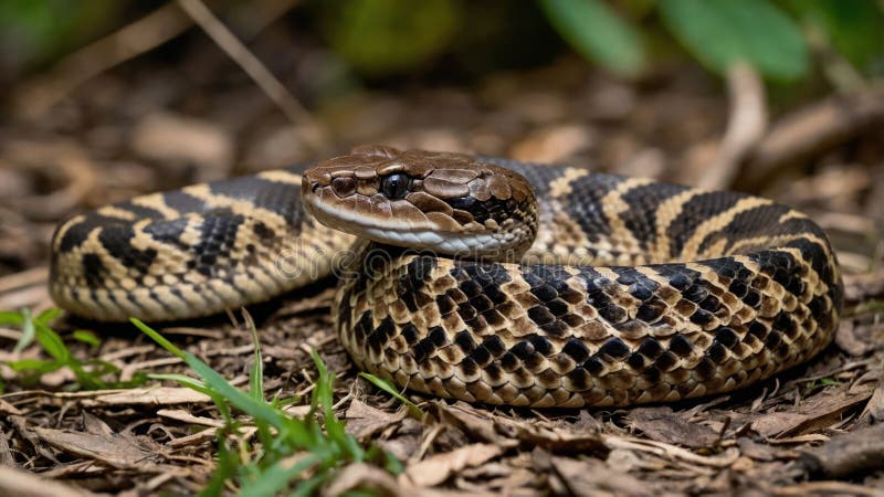 A Close-up of a Coiled Snake Resting on the Forest Floor among Leaves ...