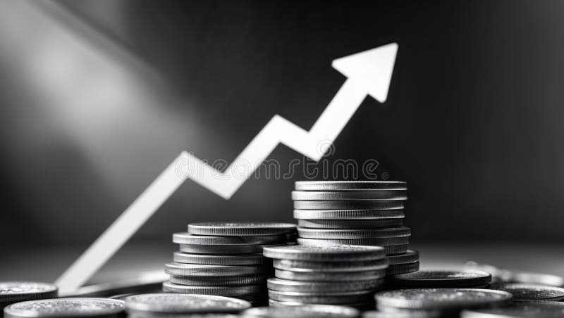 Close Up of Coin Stack with Ascending Growth Arrow Stock Photo - Image ...