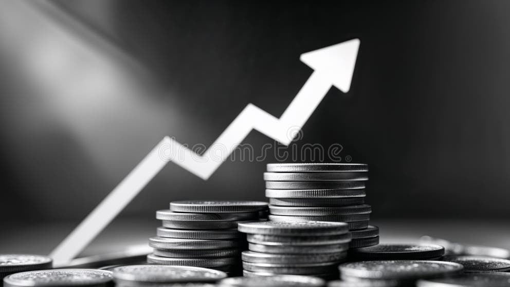 Close Up of Coin Stack with Ascending Growth Arrow Stock Photo - Image ...