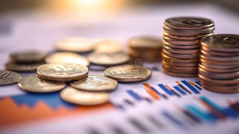 Close-up of Coins Stacked on Financial Charts, Representing Economic ...