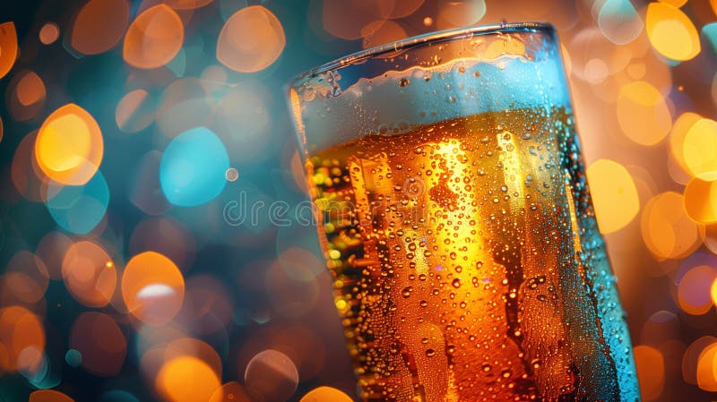 Close-up a Cold Beer Glass with Bokeh Lights from the Bars Interior ...