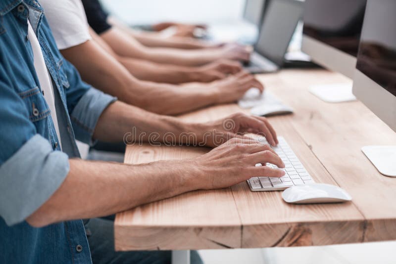 Close Up. Colleagues Work on Their Computers Stock Photo - Image of ...