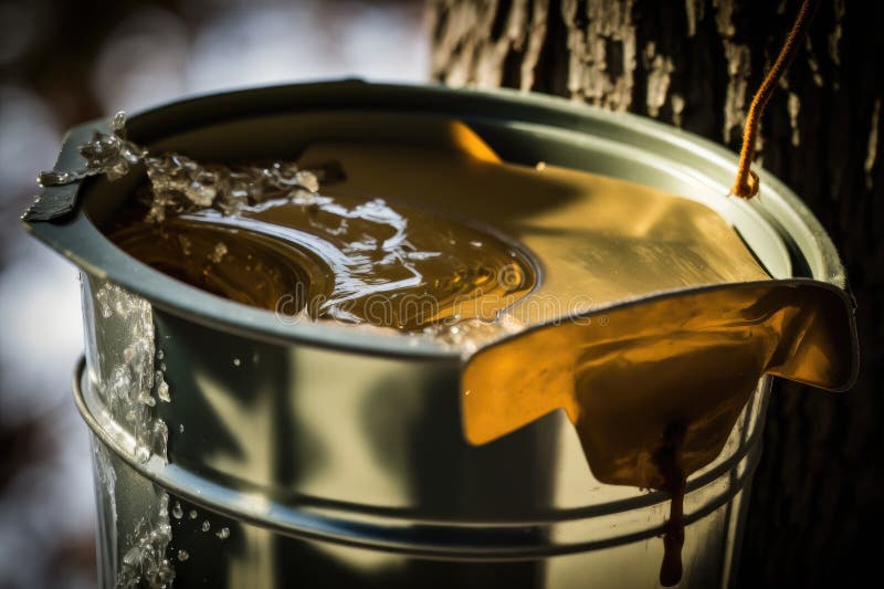 Close-up of Collection Bucket, with Slow Trickle of Fresh Maple Sap ...