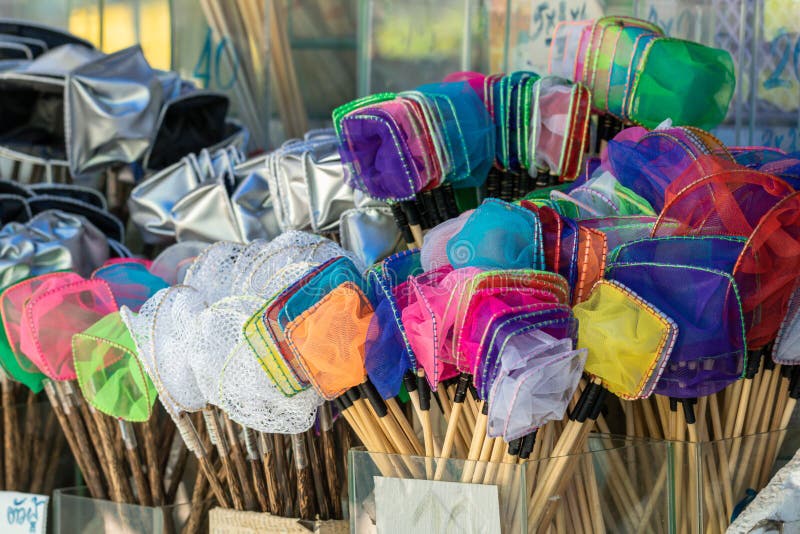 Close Up Colorful Aquarium Fish Net Scoop in Circle Shape.Blurred Fish ...