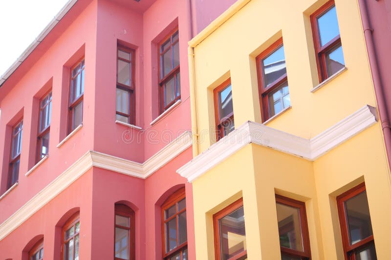 Close Up of Colorful Buildings with Modern Window Stock Photo - Image ...