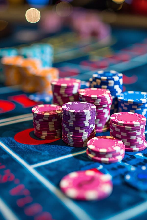 Close-up of Colorful Casino Chips Stacked on a Blue Gaming Table Stock ...
