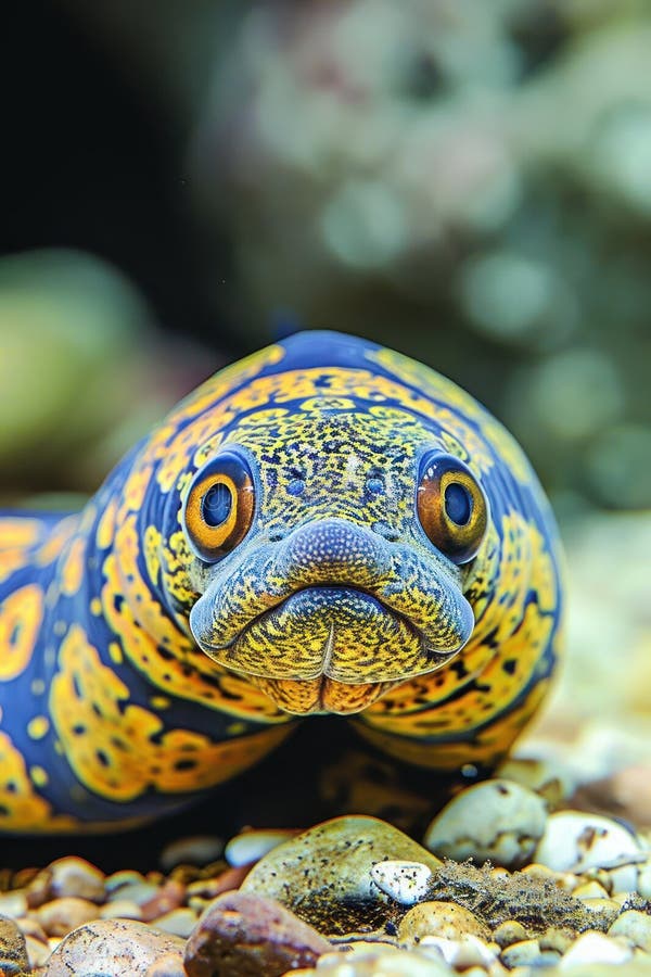 Stunning Close-Up of a Vibrant Yellow and Blue Spotted Eel on Pebbles ...
