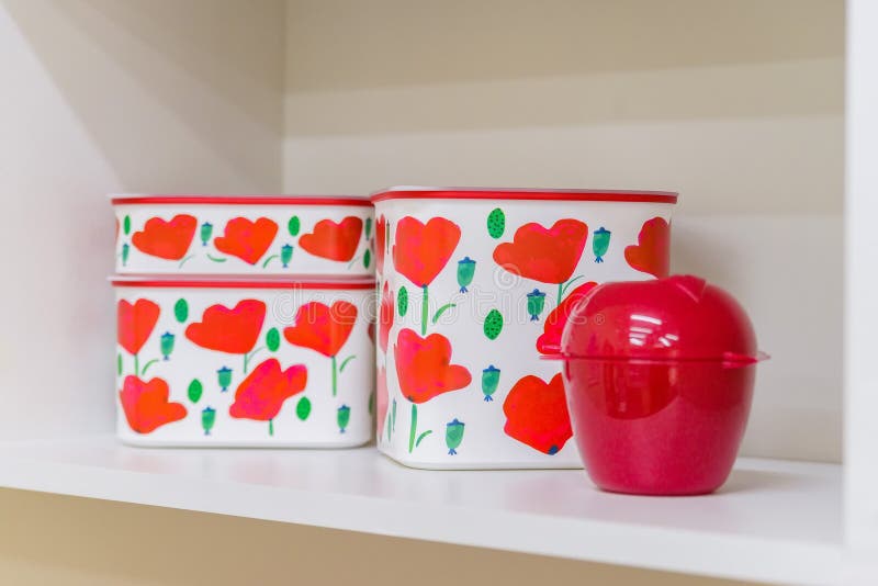 Close Up Colorful Food Containers on Shelf Stock Photo - Image of ...