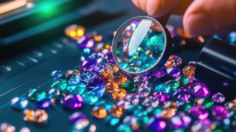 Close-up of Colorful Gemstones Under Magnifying Glass on Dark Surface ...