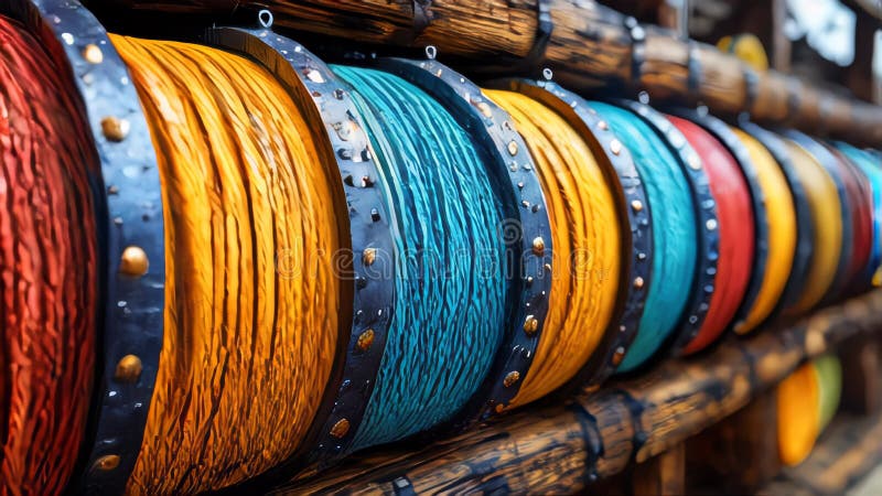 Close-up of Colorful Industrial Cable Spools in a Rustic Warehouse ...