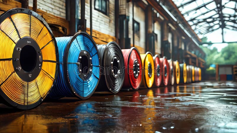 Close-up of Colorful Industrial Cable Spools in a Rustic Warehouse ...
