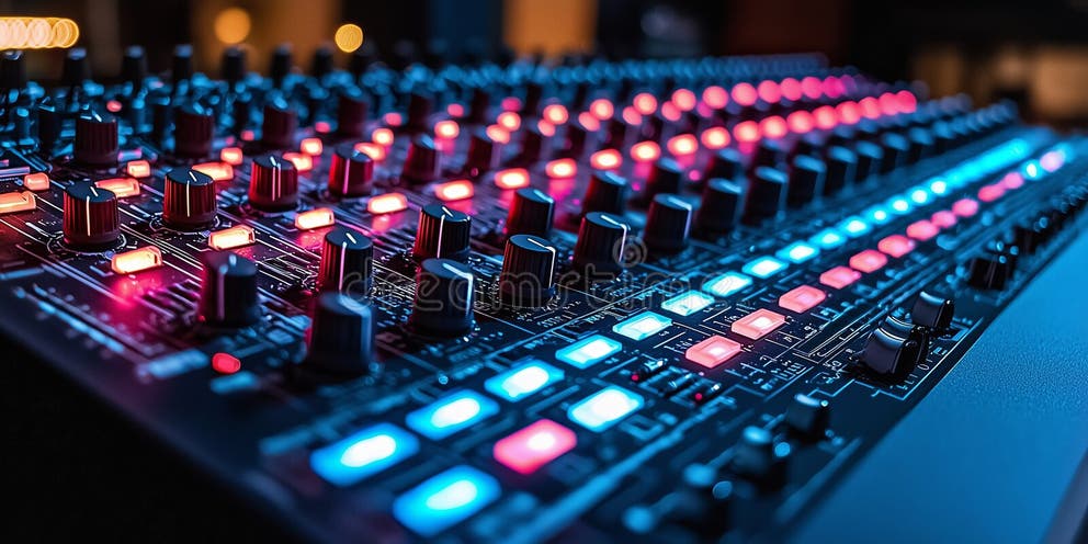 Close-up of Colorful Led-lit Audio Mixer with Control Knobs and Sliders ...
