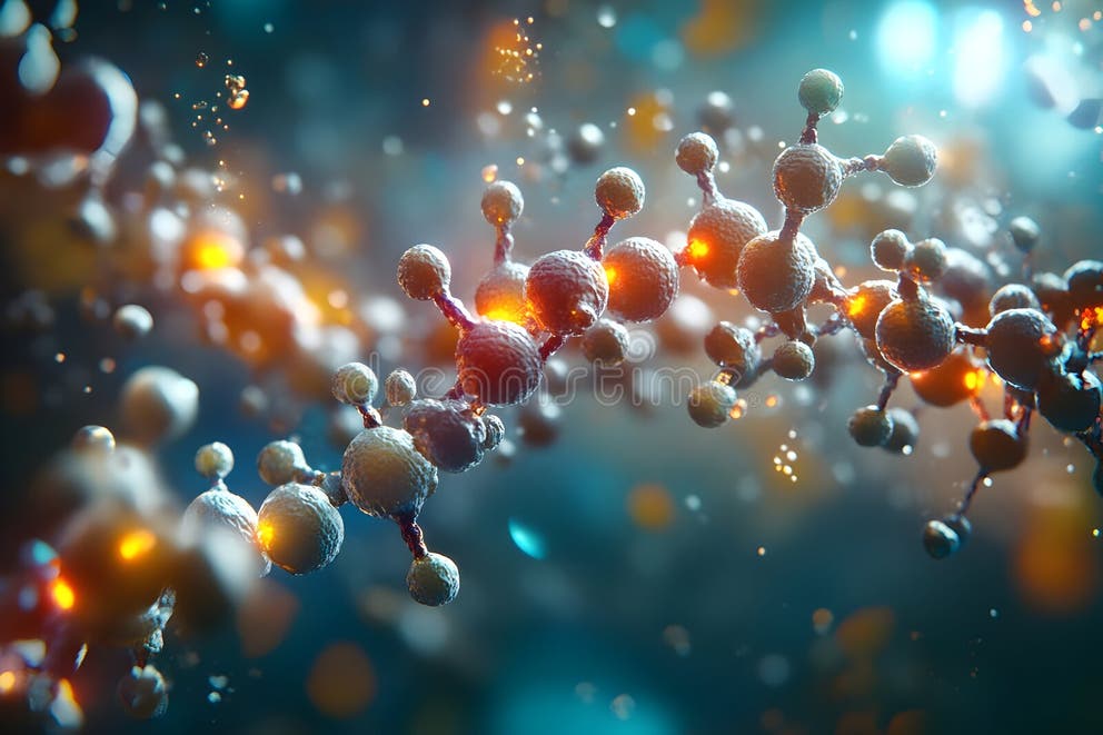 Close-up of Colorful Molecule Structure with Glowing Atoms in a Blurred ...