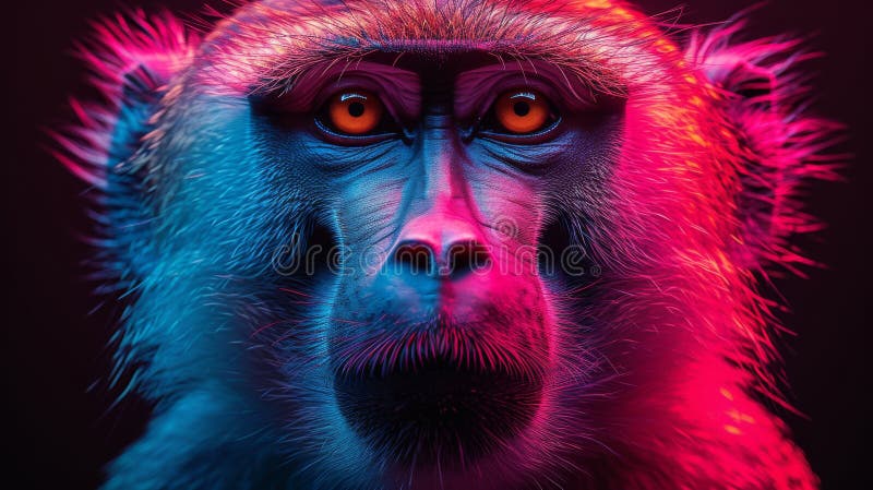 Close-up of a Colorful Monkey Face with Neon Lights Stock Image - Image ...