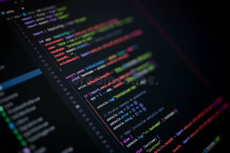 Close-up of Colorful Programming Code on Screen Showing Vue Configuration with Axios.defaults ...