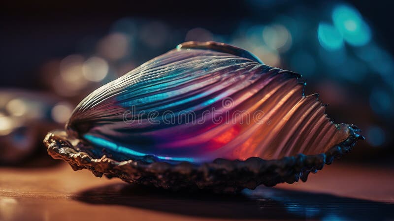 A Close Up of a Colorful Shell on a Wooden Table with a Blurry ...