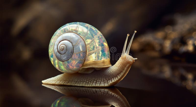 Close-up of Colorful Snail with Opalescent Shell Reflecting on Dark ...