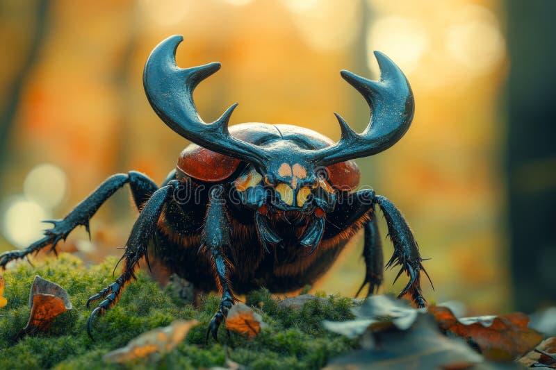 Close-up of a Colorful Stag Beetle Exploring a Mossy Forest Floor ...