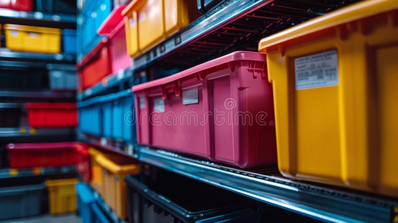Close-up of Colorful Storage Boxes on Shelves in a Warehouse. Stock ...