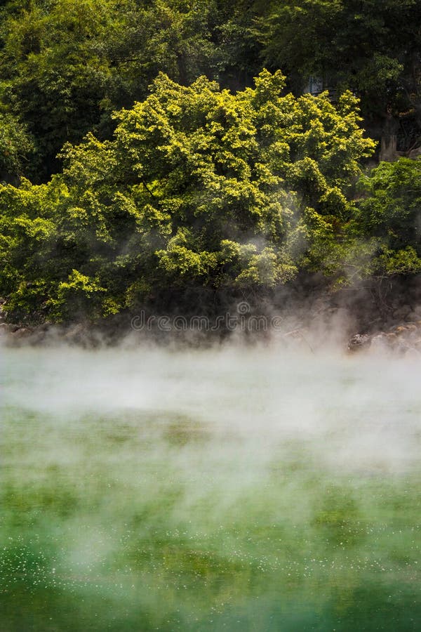 The Green Sulfur Spring with White Smoke Stock Photo - Image of lake ...
