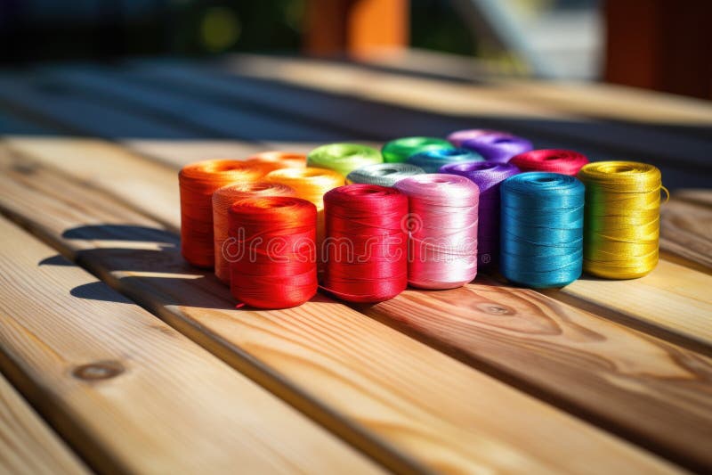 A Close-up of Colorful Thread Spools on a Wooden Table Stock Photo ...