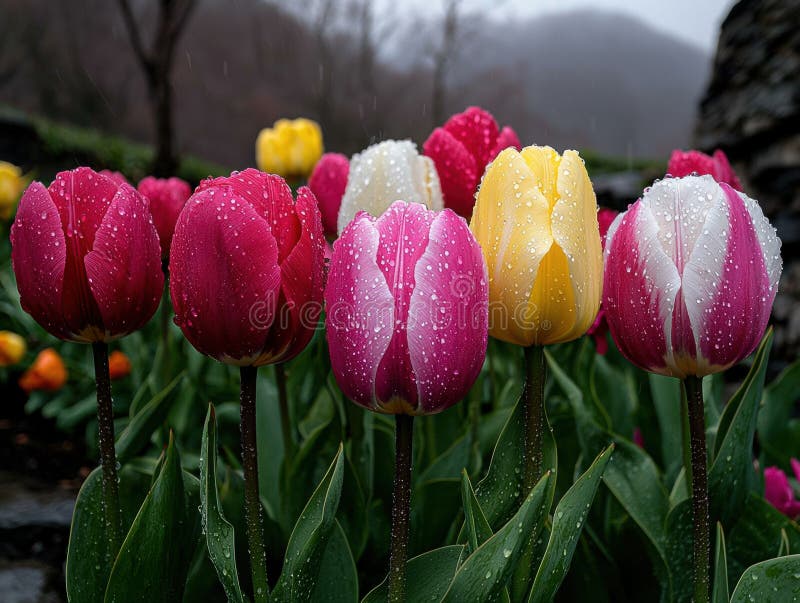 Close-up of Colorful Tulips with Rain Drops Stock Illustration ...