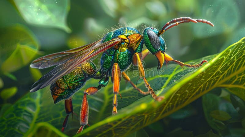 Close-up of a Colorful Wasp Resting on a Green Leaf Stock Photo - Image ...