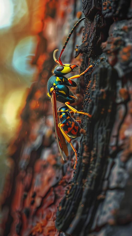 Close-up of a Colorful Wasp on Tree Bark, Macro Photography. Nature and ...