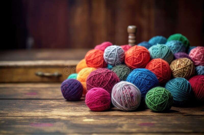 Close-up of Colorful Wool Yarn Balls on Rustic Table Stock Illustration ...