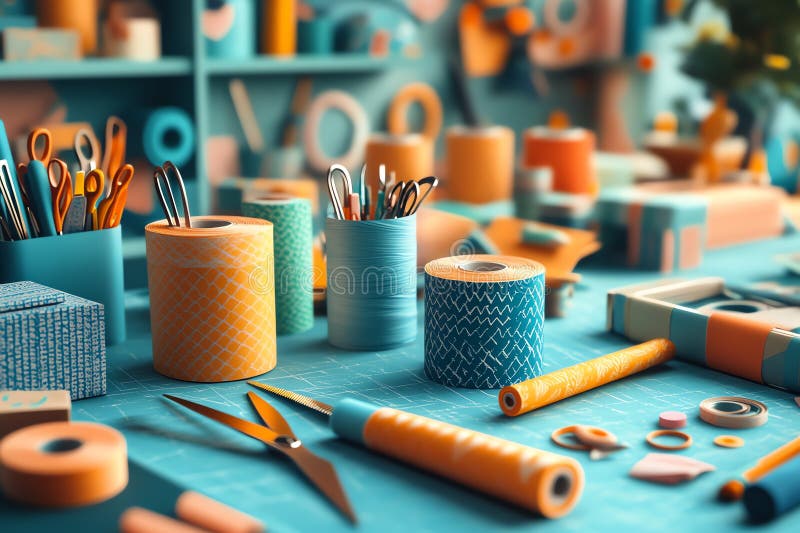 Close-up of a Colorful Workspace with Various Tools and Supply Stock ...