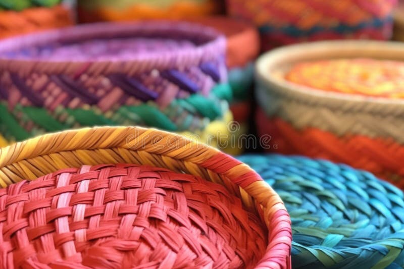 Close-up of Colorful Woven Baskets on a Table Stock Illustration ...