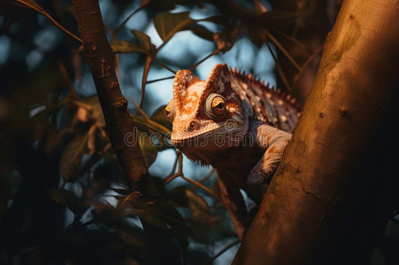 Close Up of Colourful Chameleon on Branch in Nature, Created Using ...