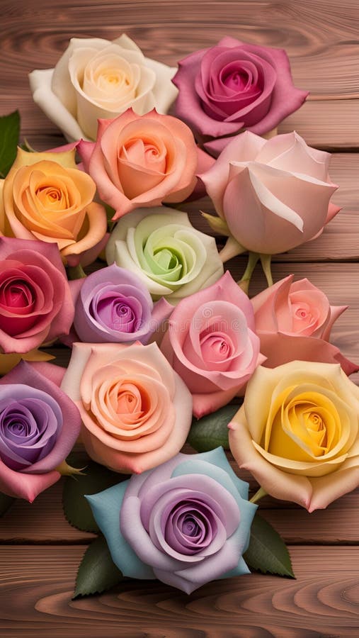 Close-up of Colourful Pastel Roses on a Wooden Table Stock Illustration ...