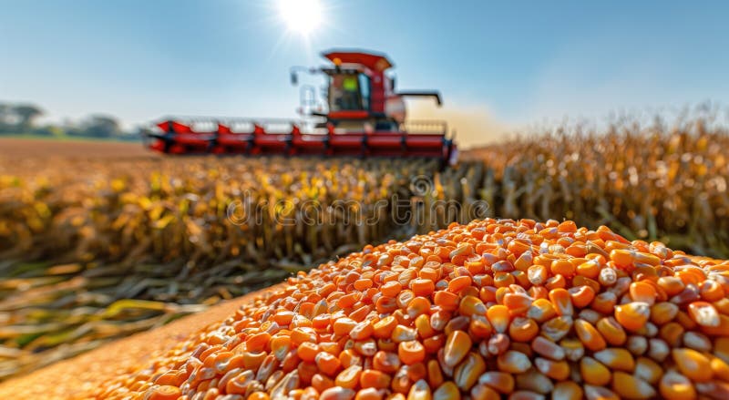 Close-up of a Combine Harvester Collecting Corn, with a Mound of ...