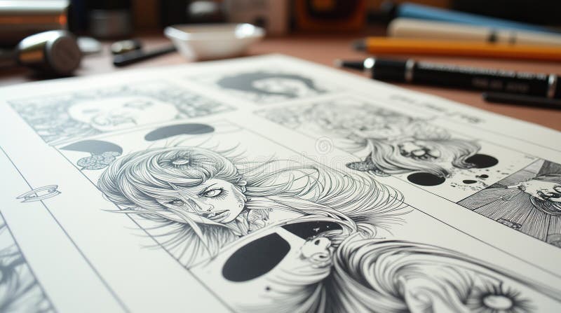 Close-Up of Comic Book Creation with Pencil Sketches and Inked Panels ...