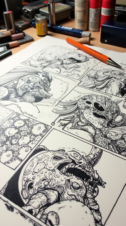 Close-Up of Comic Book in Development with Inked Panels and Sketches ...