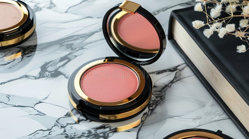 Close-up of Compact Powder and Blush Containers on a Marble Surface ...